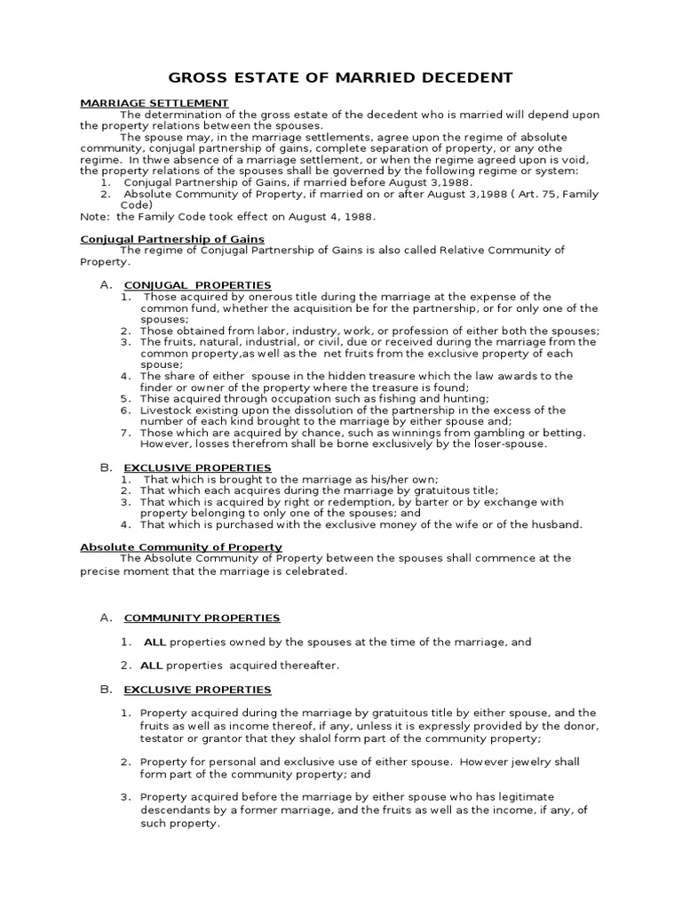 Gross Estate of Married Decedent: Marriage Settlement | PDF | Property ...