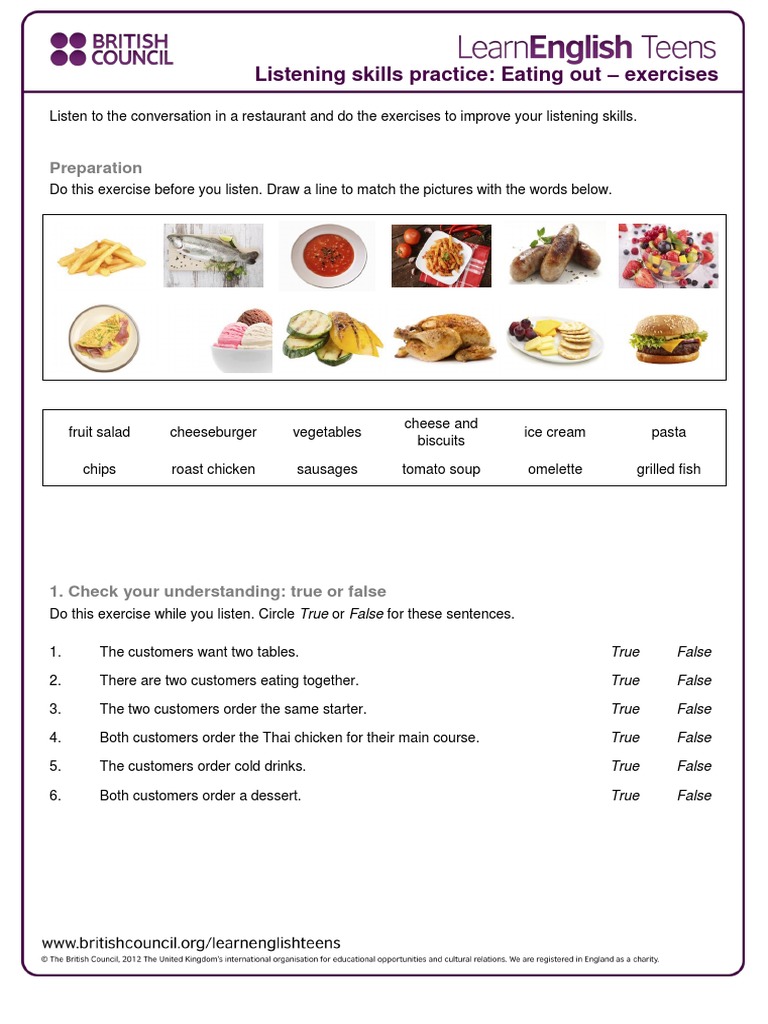 Eating Out - Listening Comprehension Exercises A2 | PDF