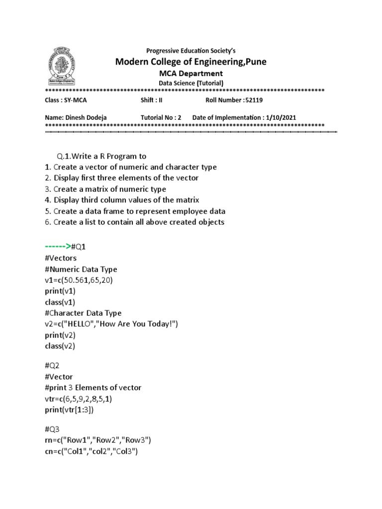 R Program to Create Vector, Matrix, Data Frame & List | PDF | Value Added Tax | Computer Programming