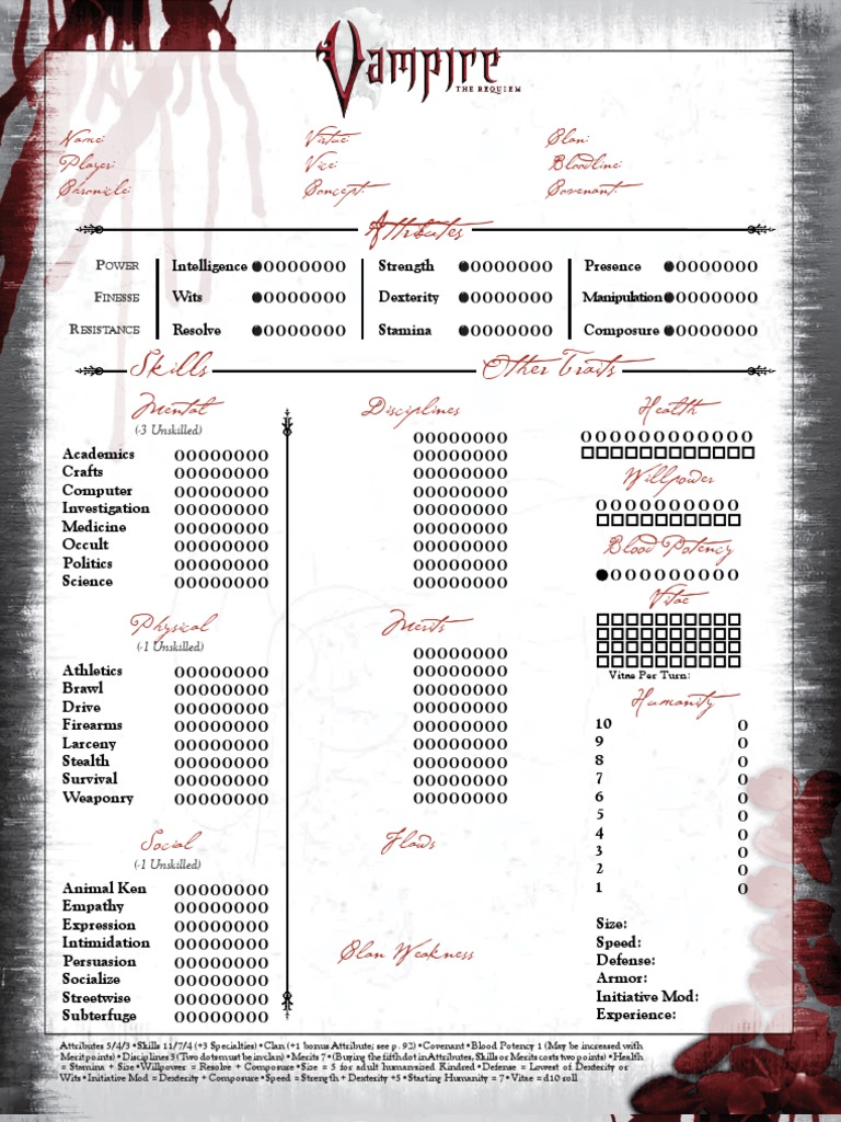 Vampire Character Sheet Template | PDF | Psychology | Psychological ...