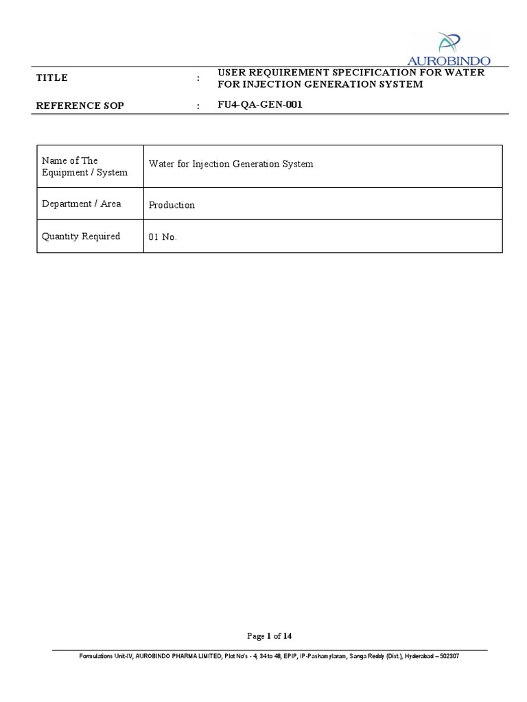 URS For Water For Injection Generation System | PDF | Valve | Pump