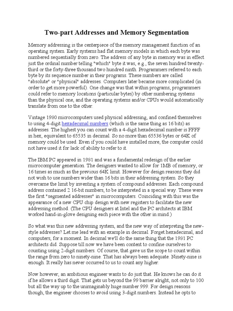 Two-Part Addresses and Memory Segmentation: Hexadecimal Numbers | PDF ...