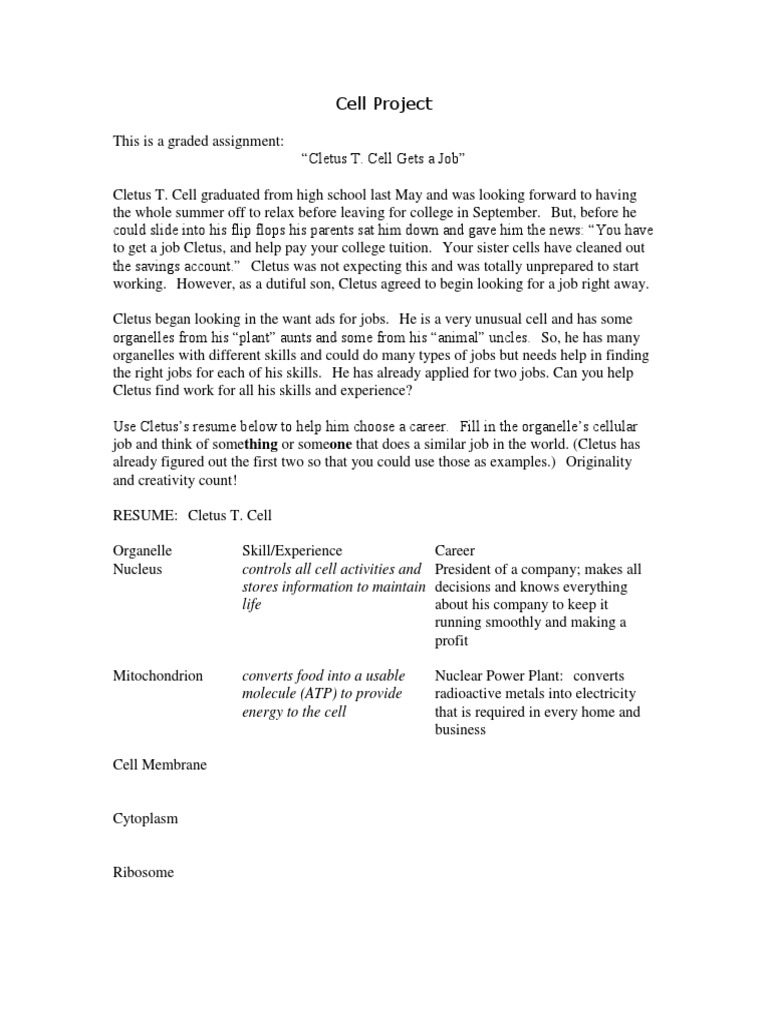 Cletus T. Cell's Job Search Guide | PDF | Cell (Biology) | Organisms