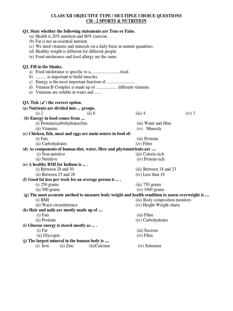 Class 12 Sports Nutrition MCQs | PDF | Human Nutrition | Diet & Nutrition