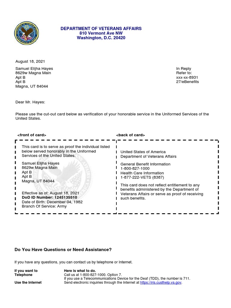 Proof of Service Letter | PDF | United States Department Of Veterans ...
