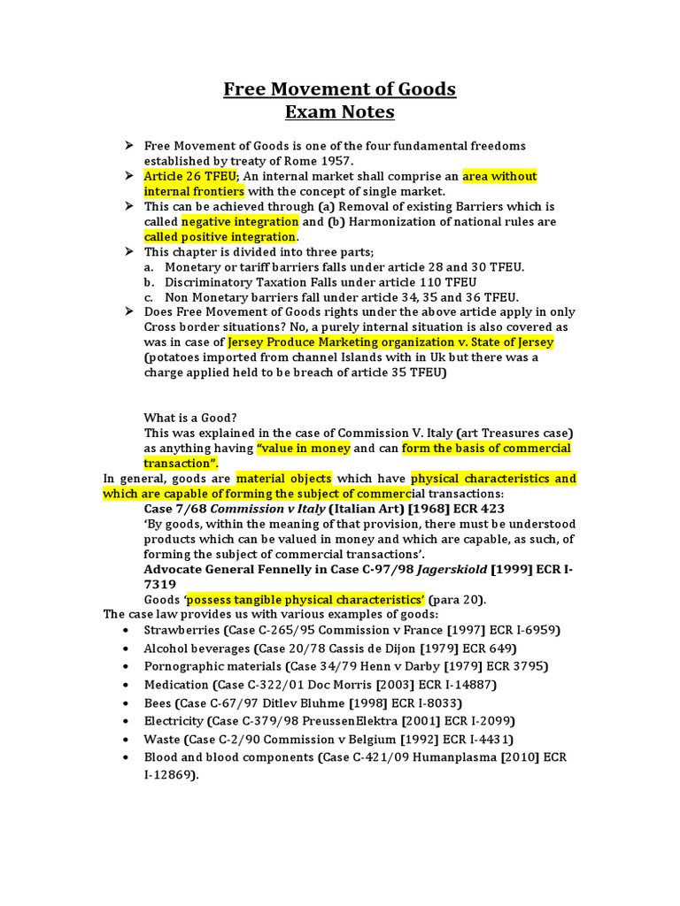 Free Movement of Goods Exam Notes: Case 7/68 Commission V Italy ...