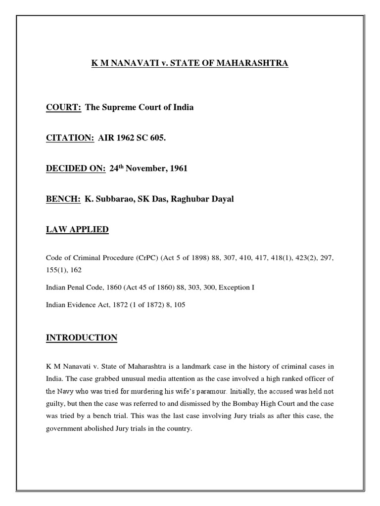 Nanavati Case: Landmark Supreme Court Ruling | PDF | Criminal Procedure ...