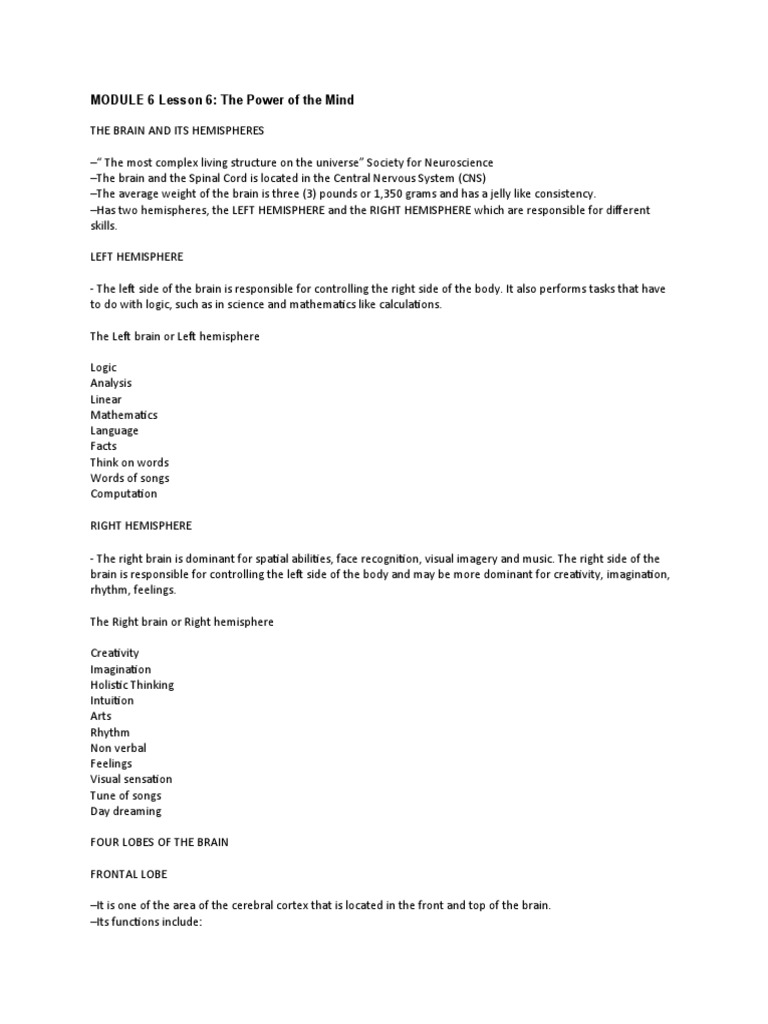MODULE 6 Lesson 6: The Power of The Mind | PDF | Lateralization Of Brain Function | Cerebral ...