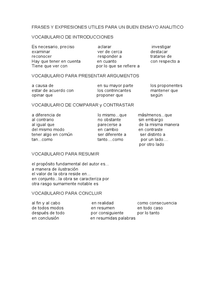 Frases y Expresiones Utiles para Un Buen Ensayo Analitico | PDF