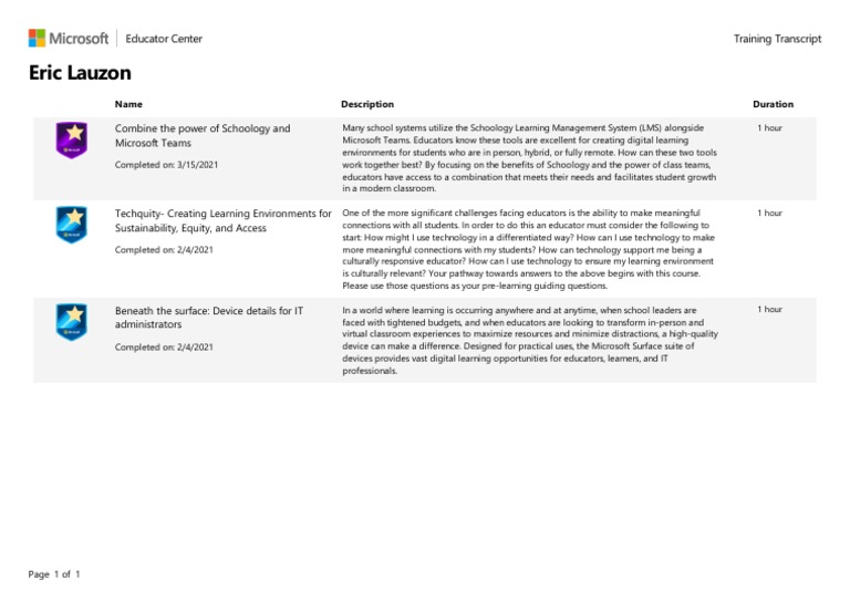 Eric Lauzon : Training Transcript Educator Center | PDF | Learning ...