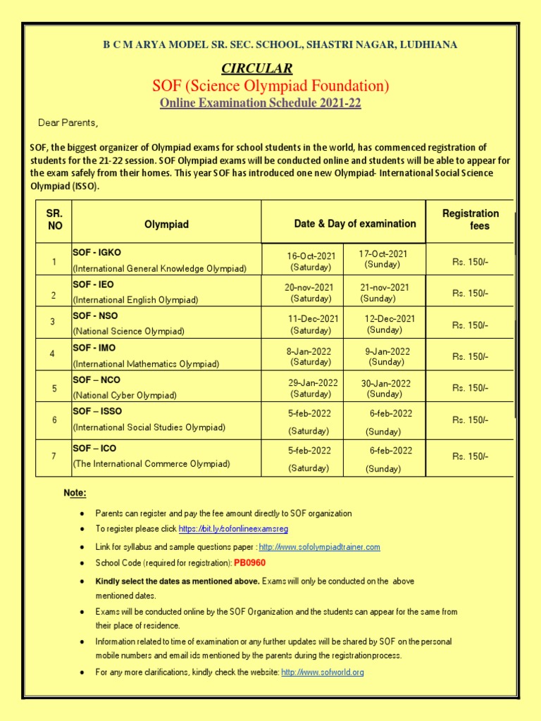 SOF (Science Olympiad Foundation) : Circular | PDF