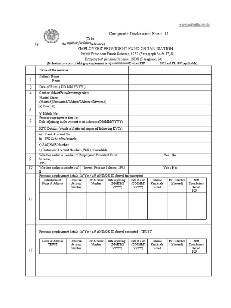 Employees' Provident Fund Organ Isation: Composite Declaration Form - 11 | PDF | Government Of ...