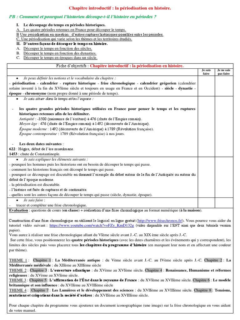 Fiche Objectifs. Intro. Periodisation Histoire | PDF