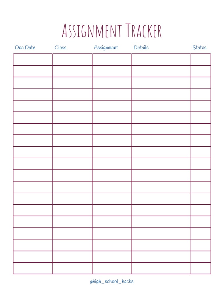 Assignment Tracker: Due Date Class Assignment Details Status | PDF