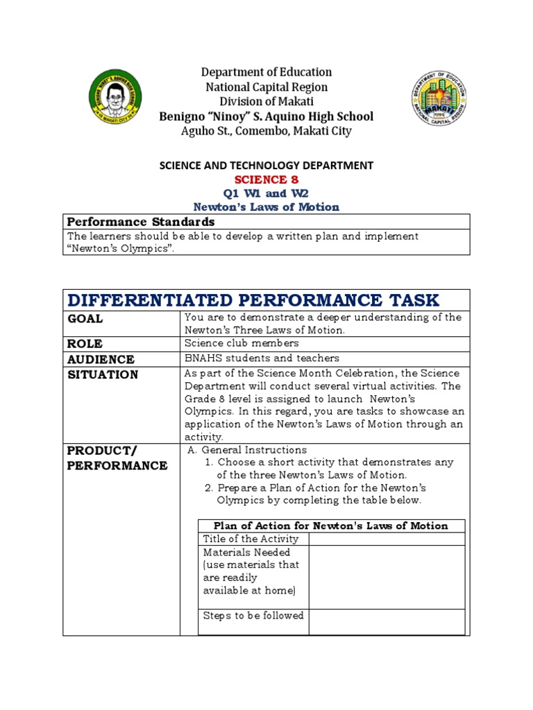 g8 q1 First Differentiated Performance Tasks Newtons Olympics | PDF ...