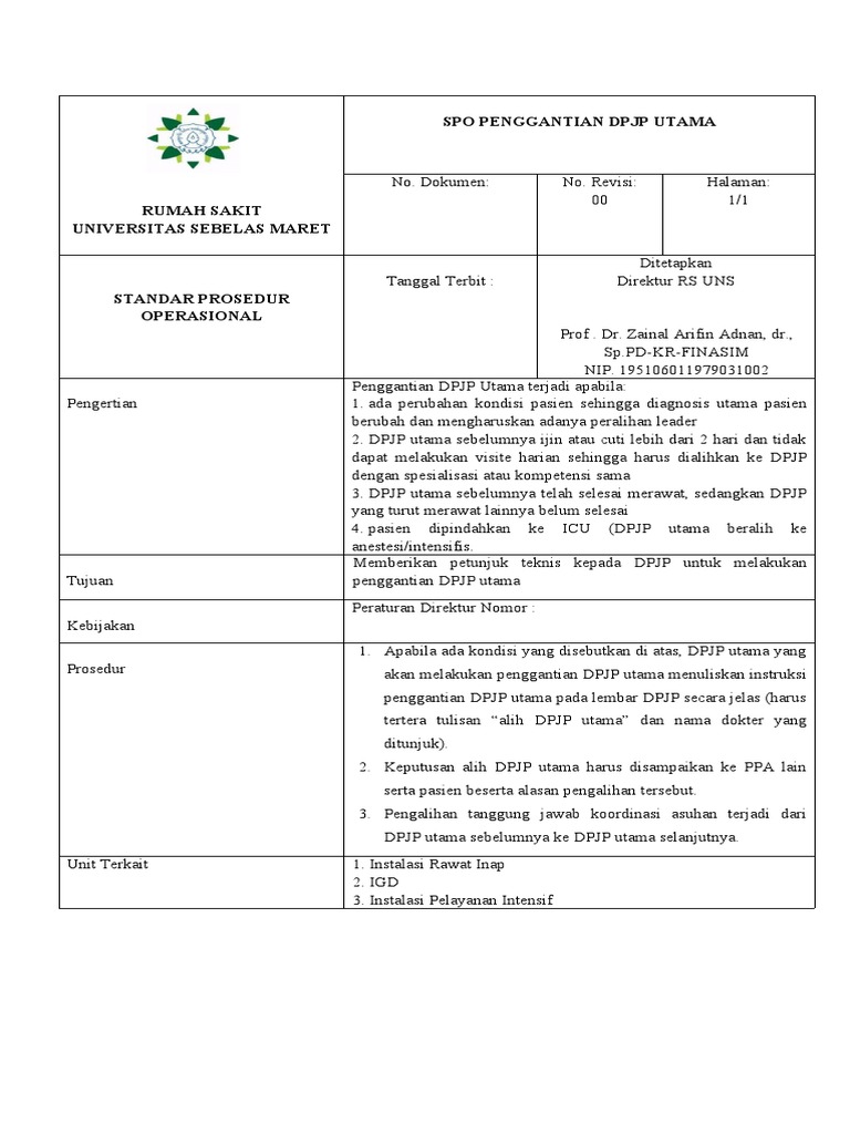 SPO PENGGANTIAN DPJP Utama | PDF