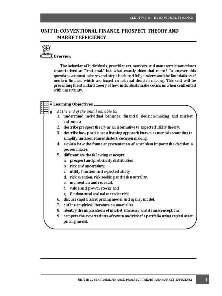 Unit Ii: Conventional Finance, Prospect Theory and Market Efficiency ...