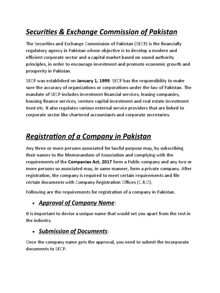 Securities & Exchange Commission of Pakistan: Approval of Company Name ...