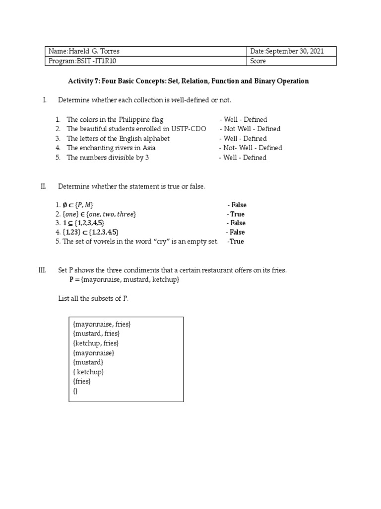 Activity 7: Four Basic Concepts: Set, Relation, Function and Binary Operation | PDF | Function ...