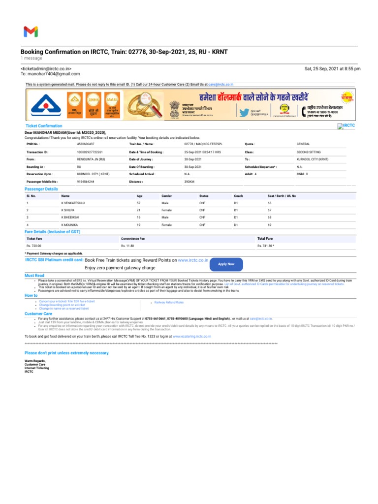 IRCTC Booking Confirmation for Train 02778 on 30-Sep-2021 | PDF | Credit Card | Service Industries