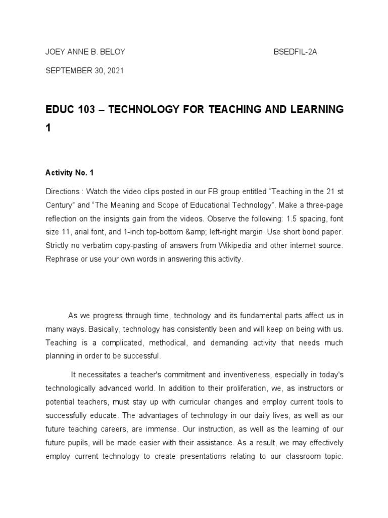 Reflection Paper Educ 103 | PDF | Educational Technology | Teachers