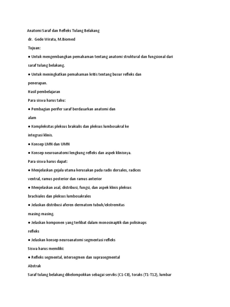 Anatomi Saraf Dan Refleks Tulang Belakang | PDF