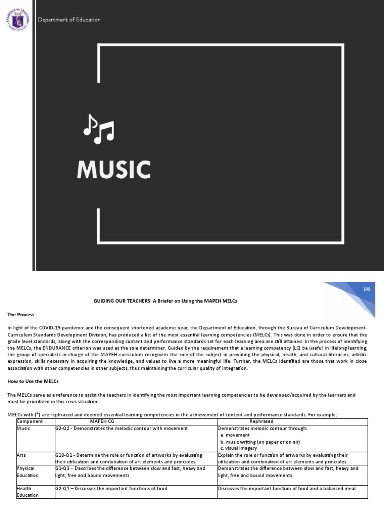 MAPEH MELCs Guidance for Teachers | PDF | Rhythm | Curriculum