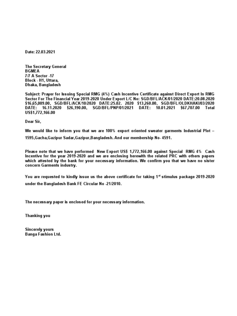 Bgmea Letter R.D International | PDF