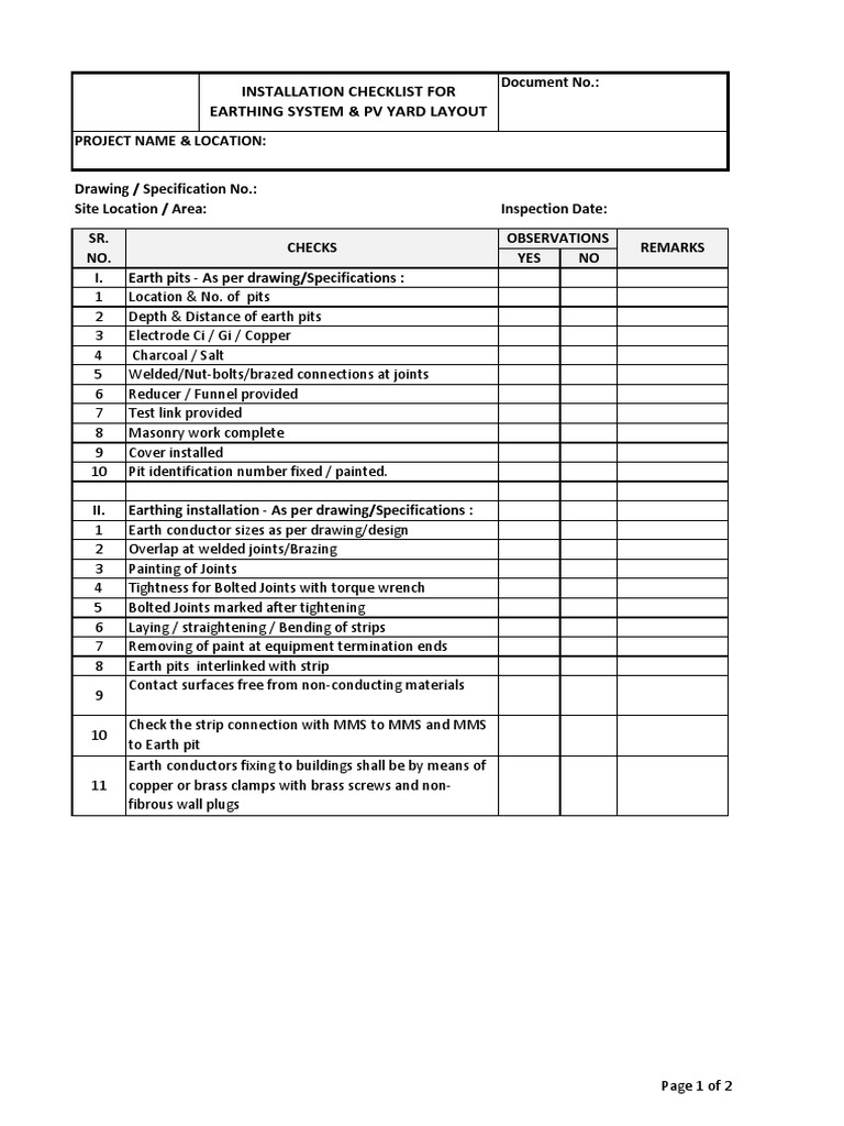 Installation Checklist For Earthing System & PV Yard Layout | PDF ...
