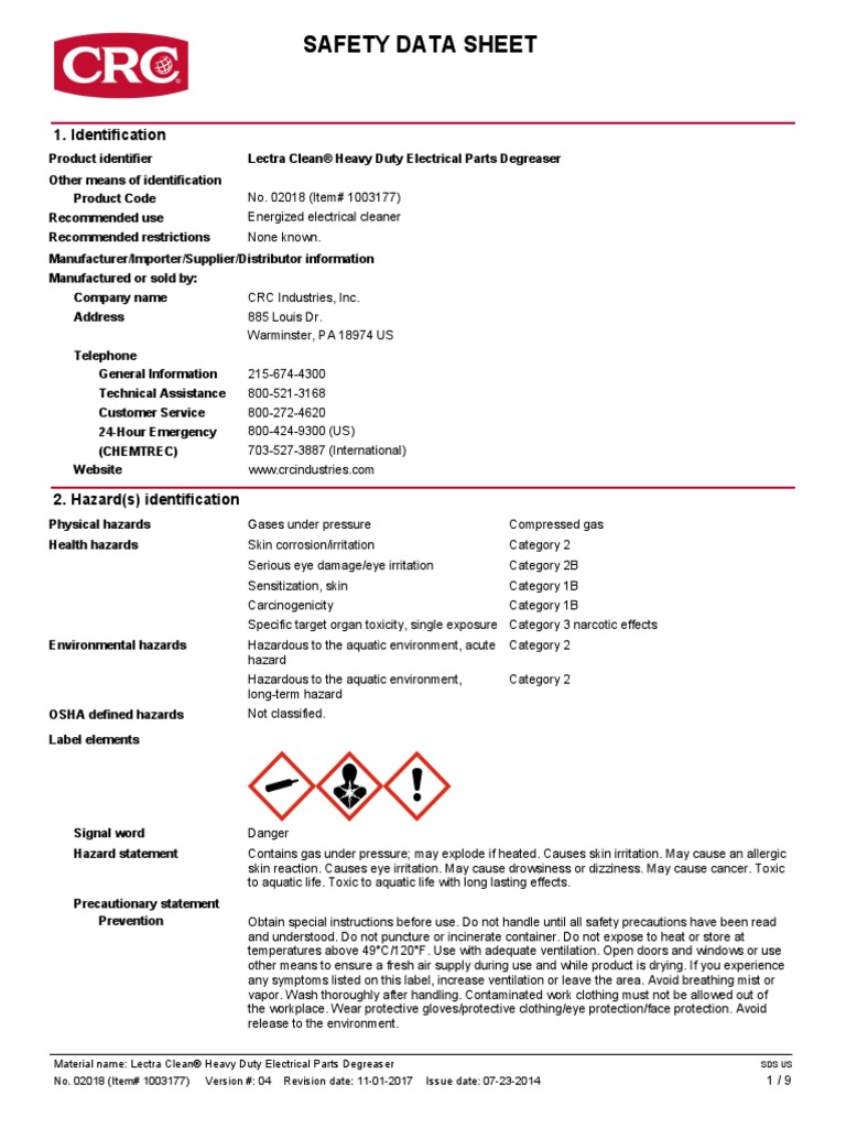 Msds CRC 02018 | PDF | Dangerous Goods | Toxicity