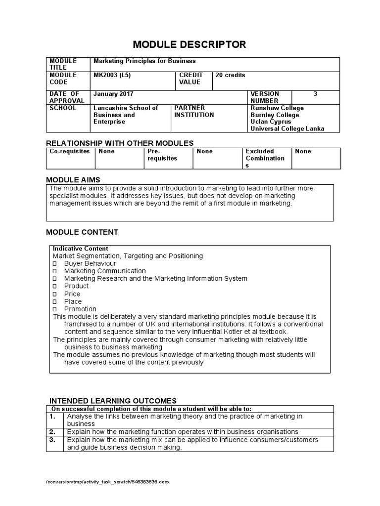 Module Descriptor: Relationship With Other Modules | PDF | Marketing ...