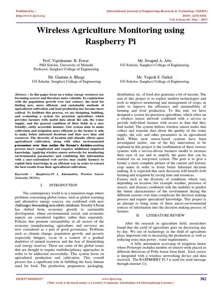 Wireless Agriculture Monitoring Using Raspberry Pi: Prof. Vipinkumar R ...