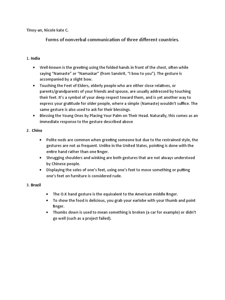 Nonverbal Communication in India, China, Brazil | PDF