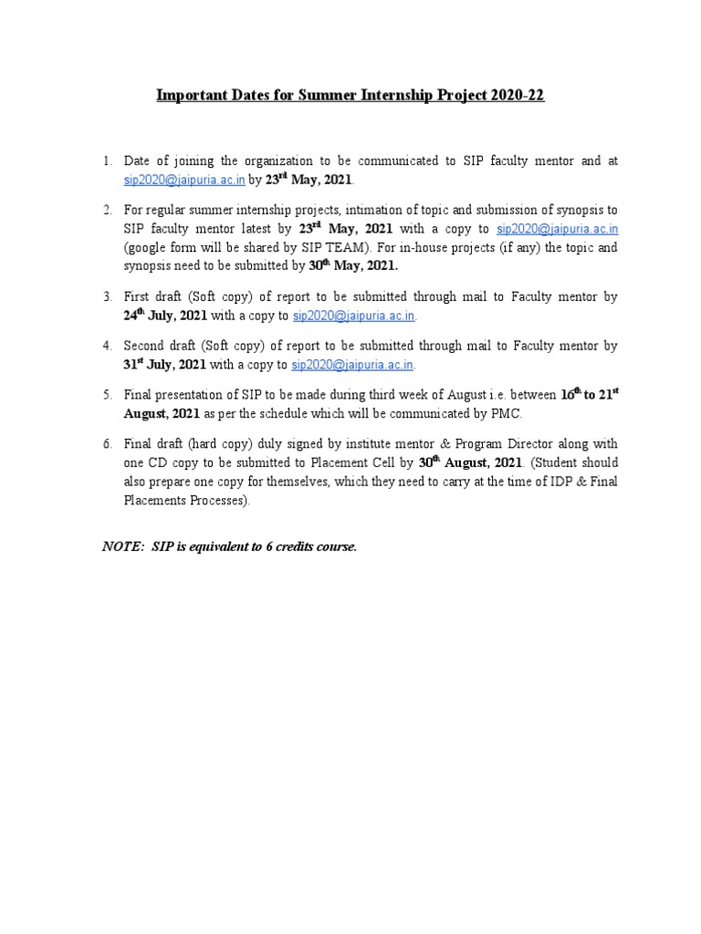 SIP Important Dates - 2020-22 F | PDF