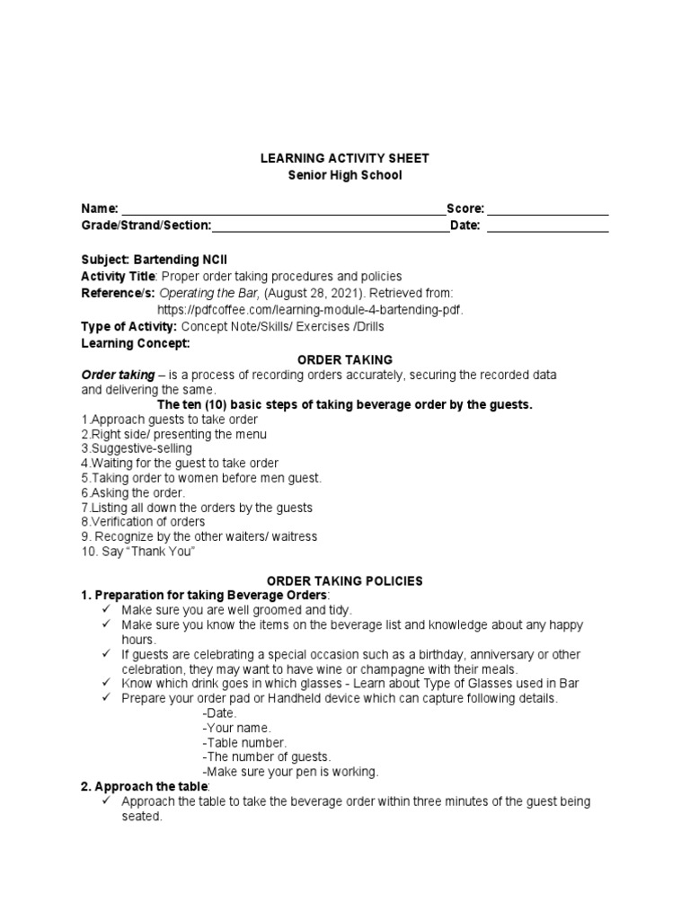 Proper Order Taking Procedures and Policies Bartending NCII | PDF ...