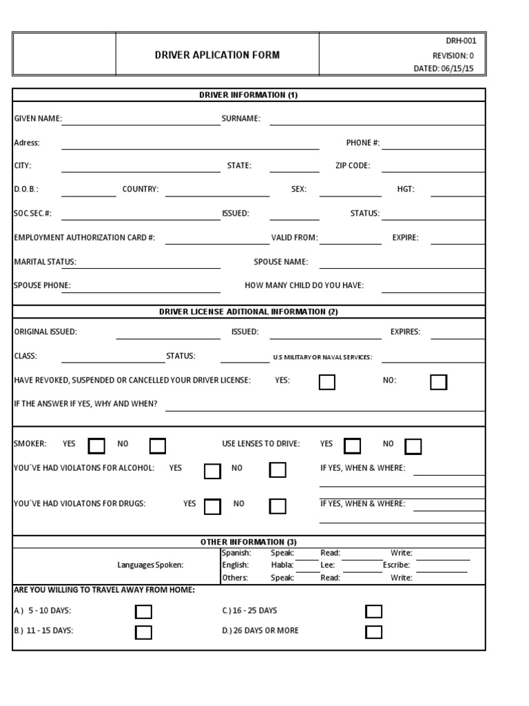 Driver Aplication Form DHR-001 | PDF | Driver's License | Transport