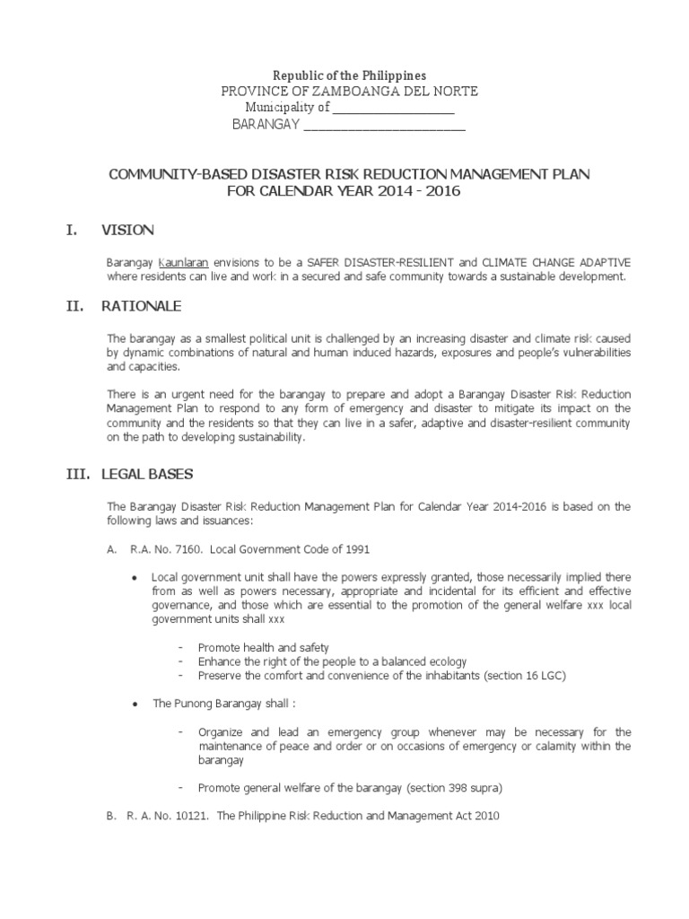 CBDRRM Plan Pro Forma | PDF | Disaster Risk Reduction | Emergency ...