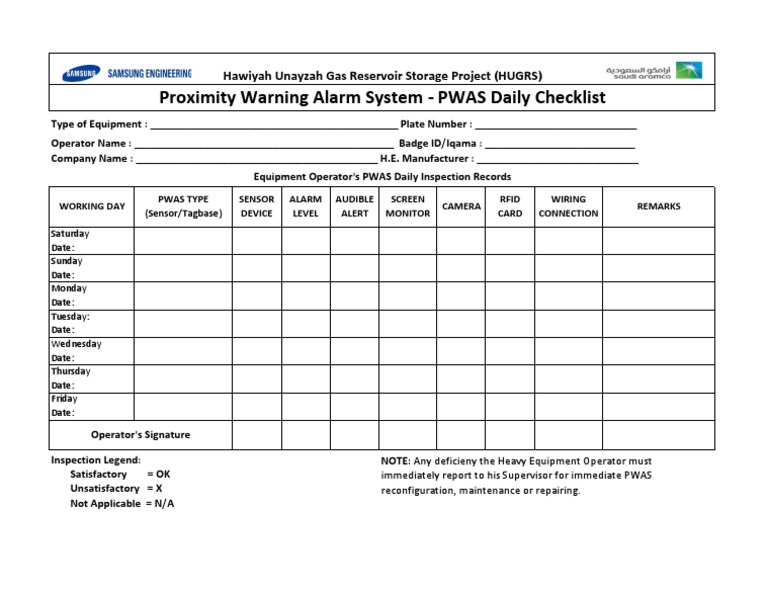 PWAS Daily Inspection Checklist for HUGRS | PDF