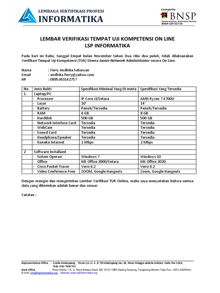 Lembar Verifikasi Tuk On Line Skema Jna LSP Informatika | PDF