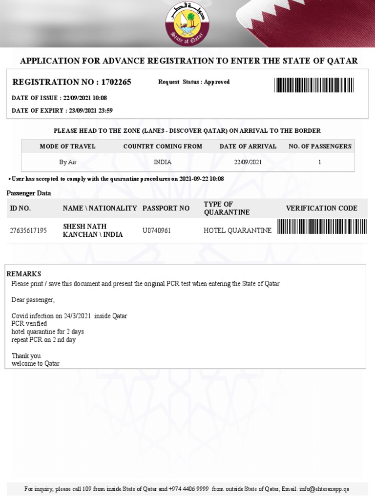 Application For Advance Registration To Enter The State of Qatar | PDF