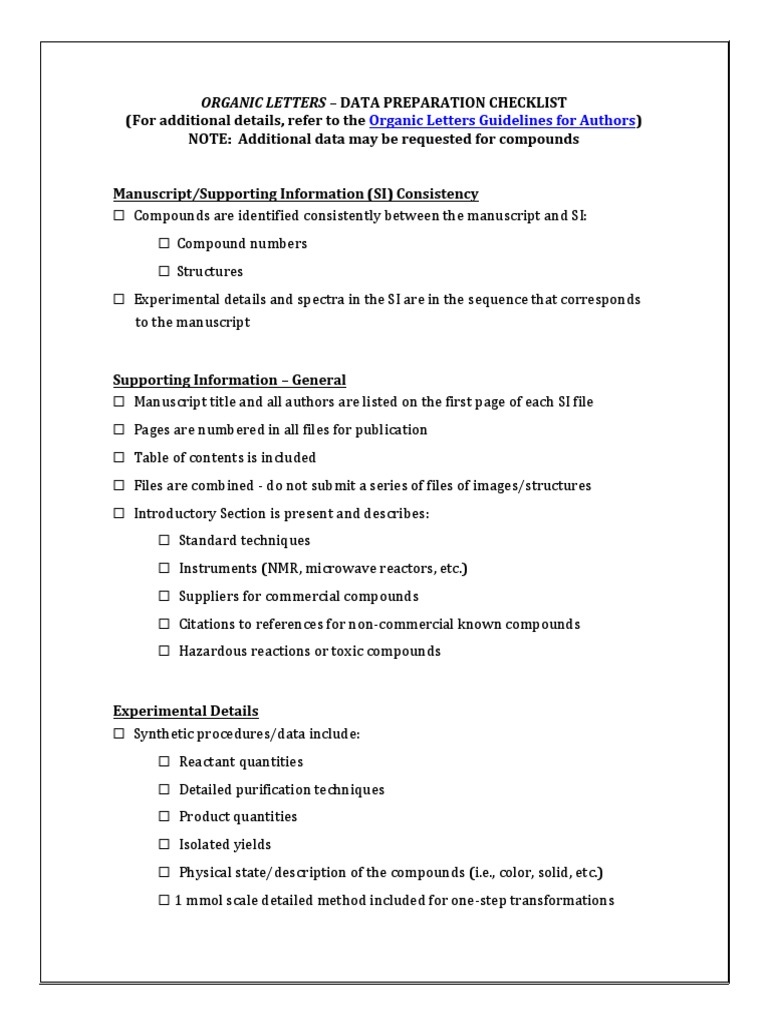 Organic Letters - Data Preparation Checklist | PDF | Nuclear Magnetic Resonance | Chemistry