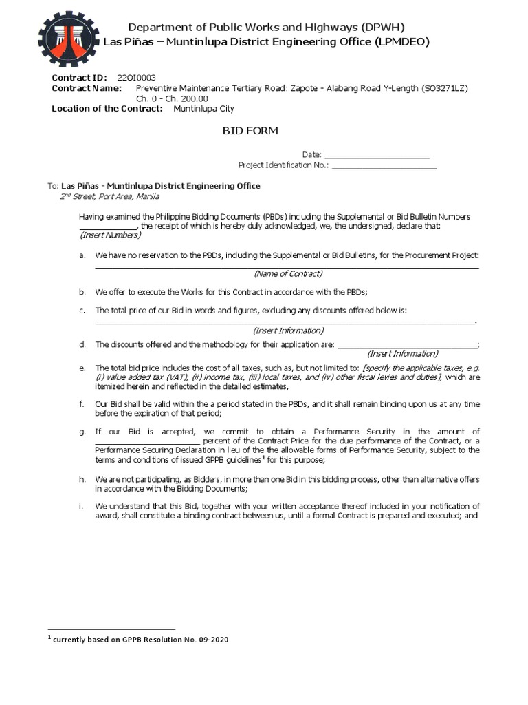 DPWH Bid Form for Preventive Maintenance of Tertiary Road | PDF ...