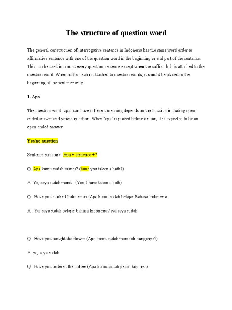 Indonesian Question Words Guide | PDF | Indonesian Language | Syntax