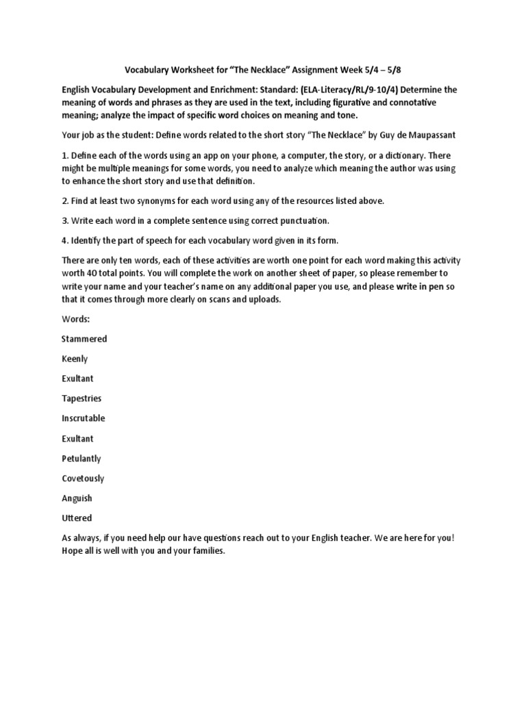 The Necklace Vocabulary Worksheet | PDF