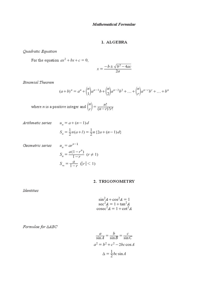 Quadratic Equation Ax bxc0 X A B B Ac: Mathematical Formulae | PDF ...
