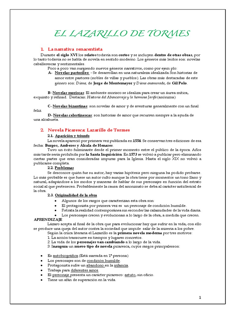 Apuntes El Lazarillo de Tormes | PDF | Novelas