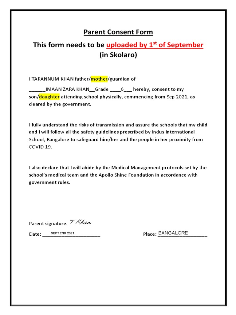Parent consent form for physical school attendance | PDF