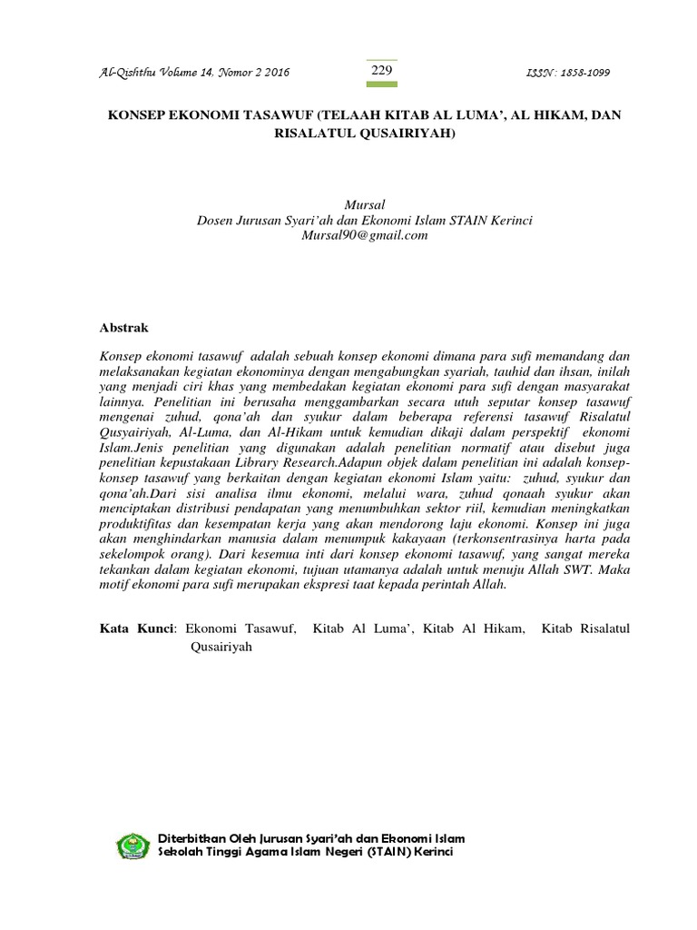 Risalatul Qusairiyah) : Konsep Ekonomi Tasawuf (Telaah Kitab Al Luma ...