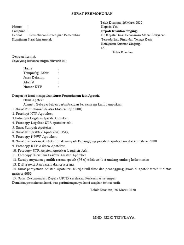 Surat Permohonan Izin Apotek CMC 1 | PDF