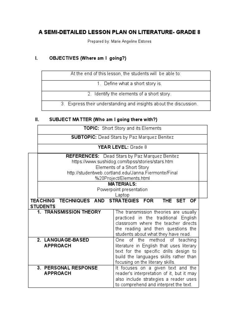 Grade 8 Short Story Lesson Plan | PDF | Narration | Plot (Narrative)